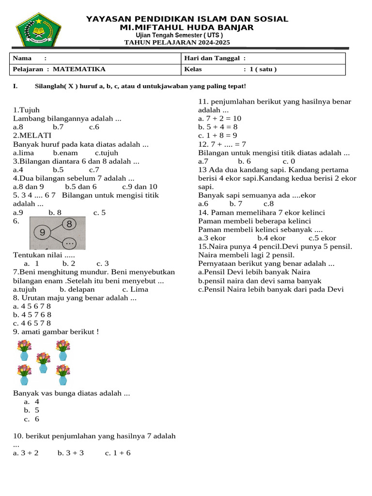 Soal Matematika Kelas 1 2024 | PDF