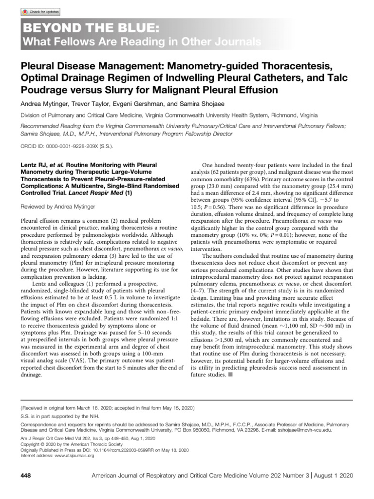 Mytinger Et Al 2020 Pleural Disease Management Manometry Guided ...