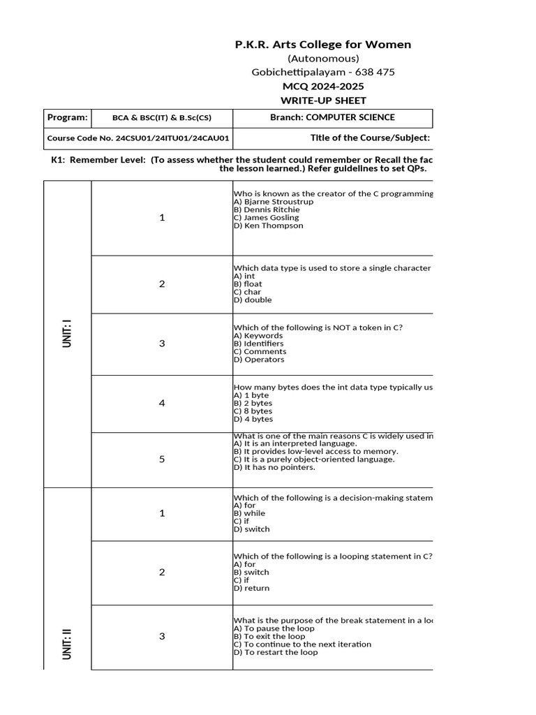 P.K.R. Arts College For Women: (Autonomous) Gobichettipalayam - 638 475 | PDF | Pointer ...