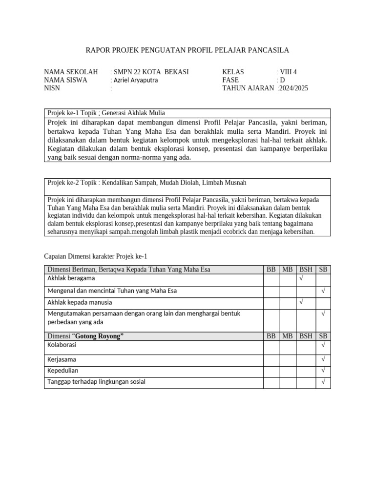 LK 3 Daniel - RAPOR PROJEK PENGUATAN PROFIL PELAJAR PANCASILA | PDF | Seni