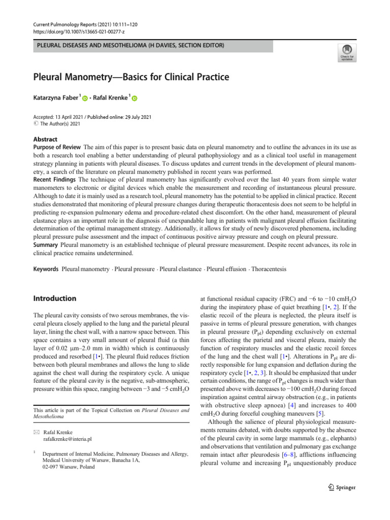 Advances in Pleural Manometry Techniques | PDF | Respiratory System ...