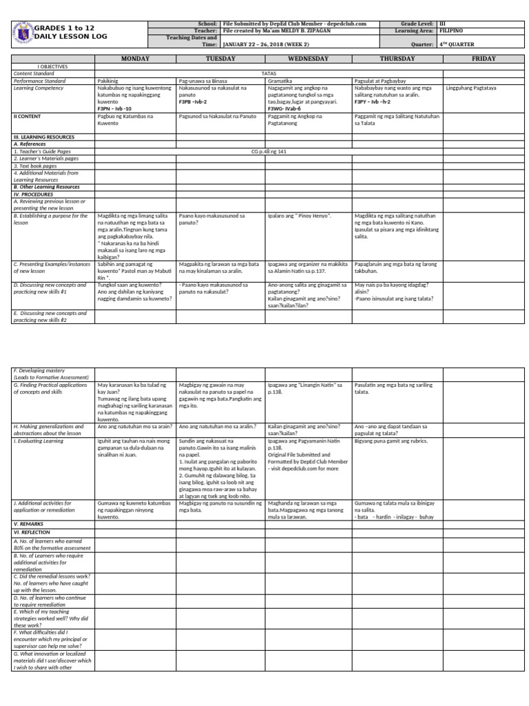 DLL - Filipino 3 - Q4 - W2 | PDF