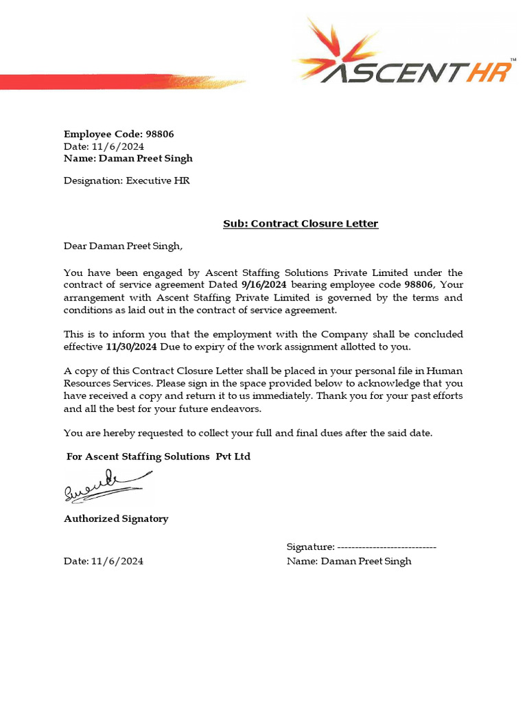 Contract Closure Lett PDF | PDF