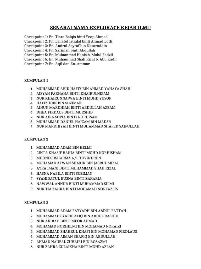 Senarai Nama Kumpulan Explorace | PDF