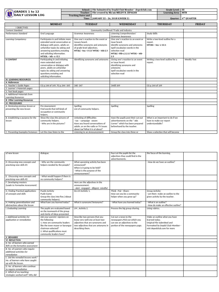 DLL - MTB 3 - Q4 - W2 | PDF | Learning | Reading Comprehension