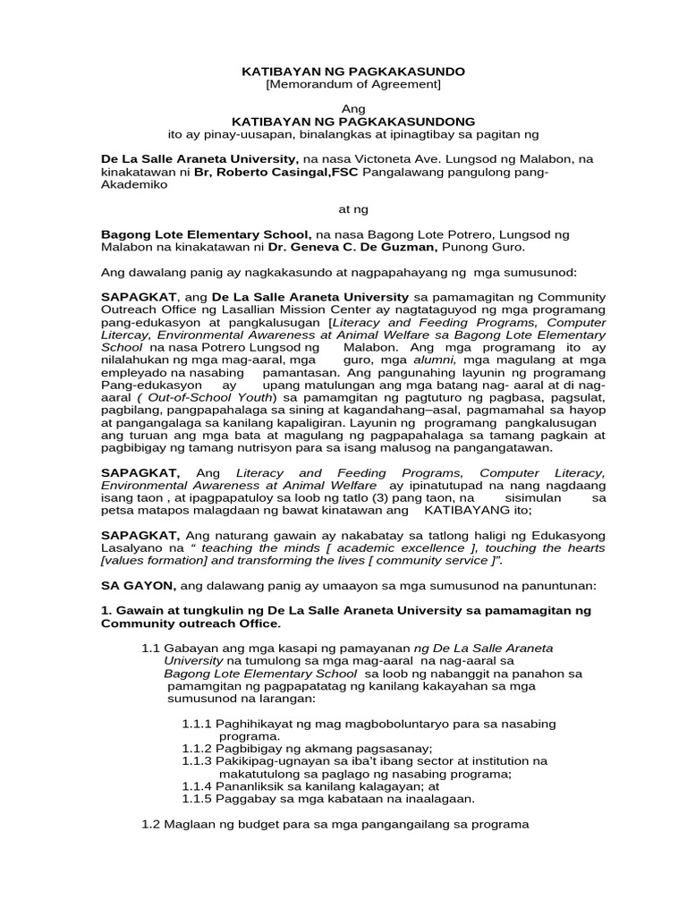 KATIBAYAN NG PAGKAKASUNDO (Memorandum of Agreement) 2 | PDF