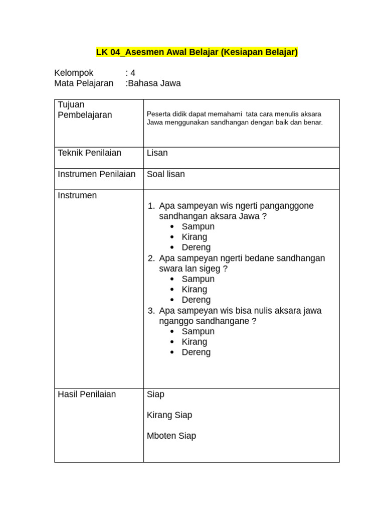 LK 04 - Asesmen Awal-Kesiapan Belajar | PDF