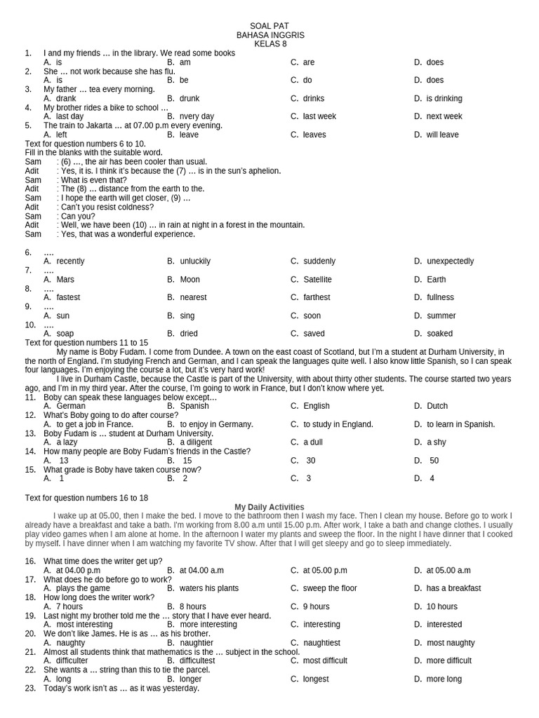 Soal Pat Bahasa Inggris Kelas 8 | PDF