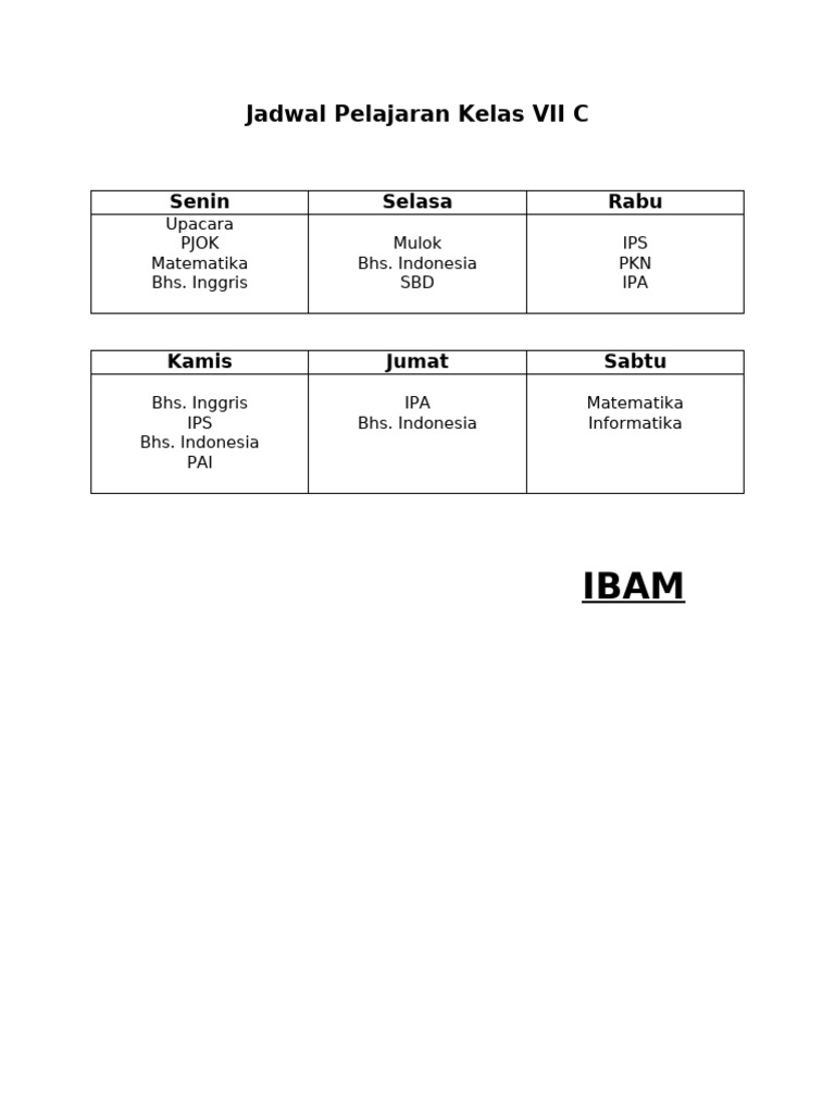 Jadwal Pelajaran Kelas VII C | PDF