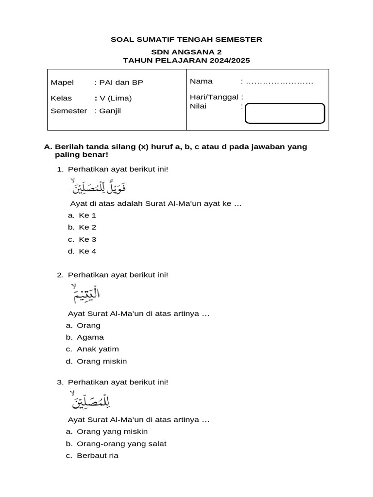 Soal STS 1 PAI BP Kelas 5 | PDF | Seni & Disiplin Bahasa | Agama ...