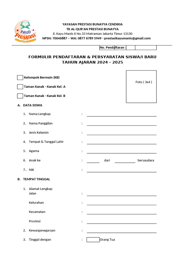 Formulir Pendaftaran TK 2024 | PDF