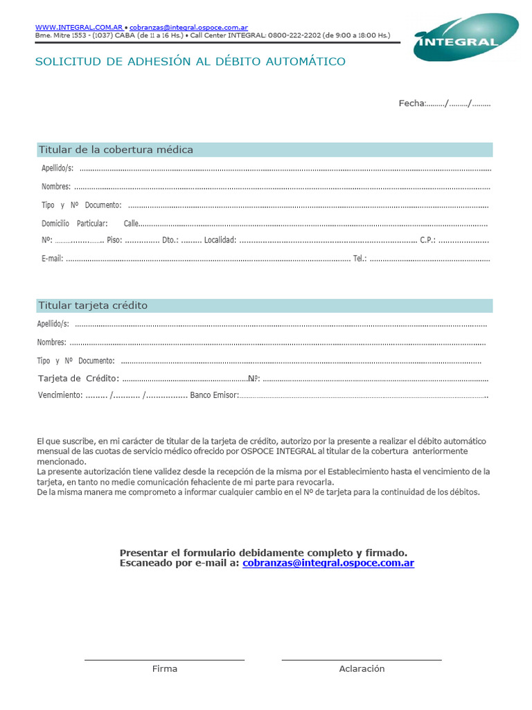 Formulario Adhesión Debito Automatico Tarj. de Crédito - INTEGRAL | PDF | Tarjeta de débito ...