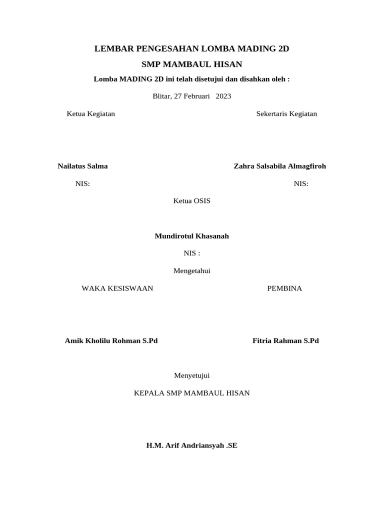 Lembar Pengesahan Fiks Mading 2d New | PDF