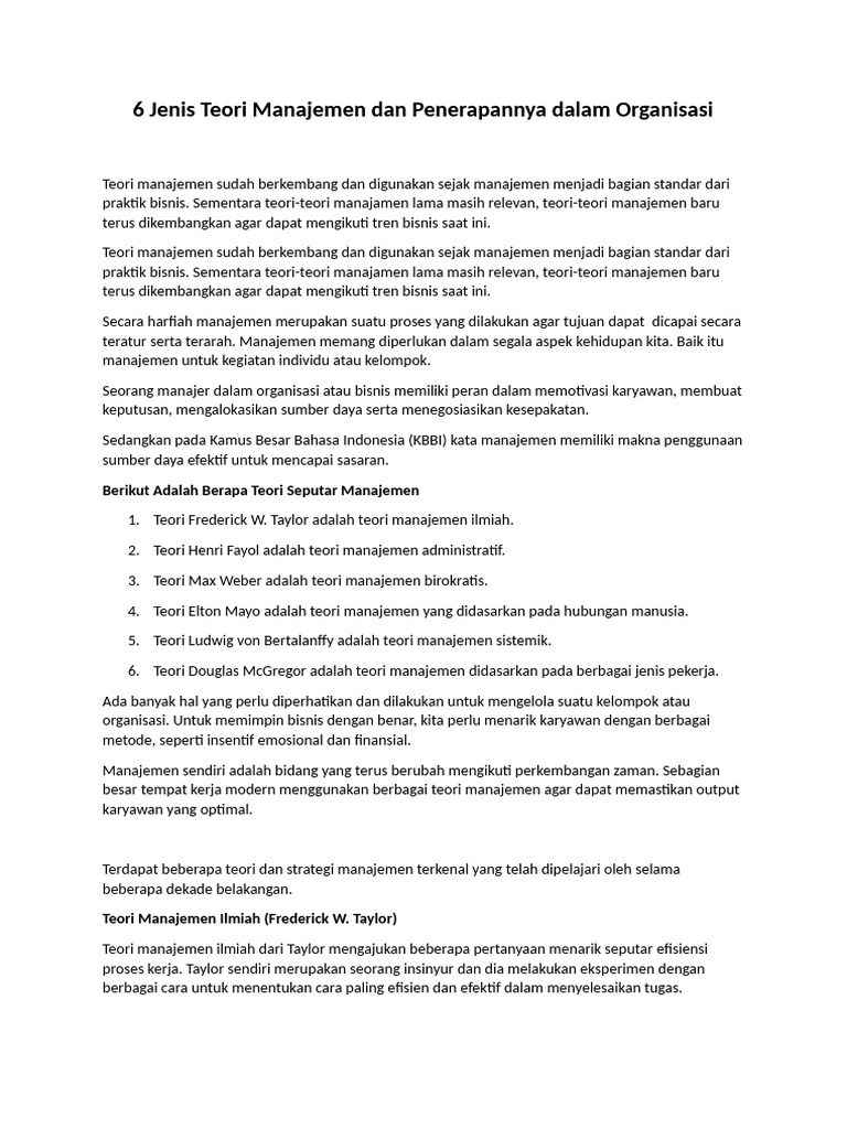 6 Jenis Teori Manajemen Dan Penerapannya Dalam Organisasi | PDF
