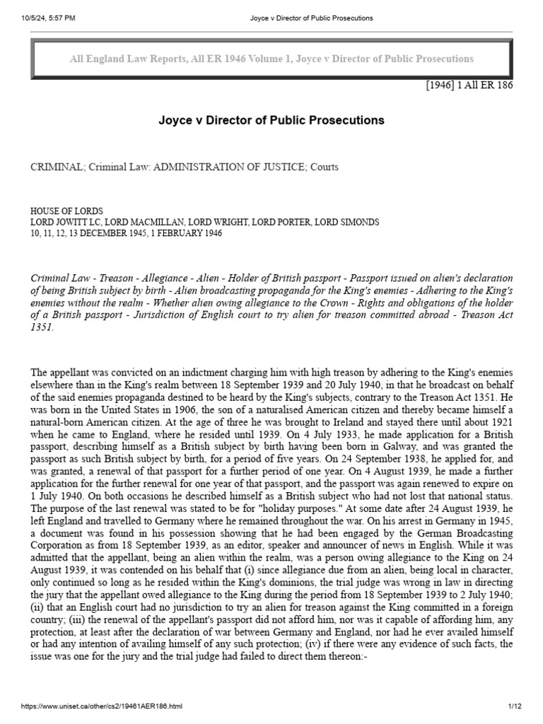 Joyce v DPP: Treason and Allegiance Case | PDF | Allegiance | Treason