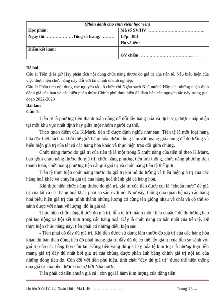 Bài kiểm tra tự luận - TCTT | PDF