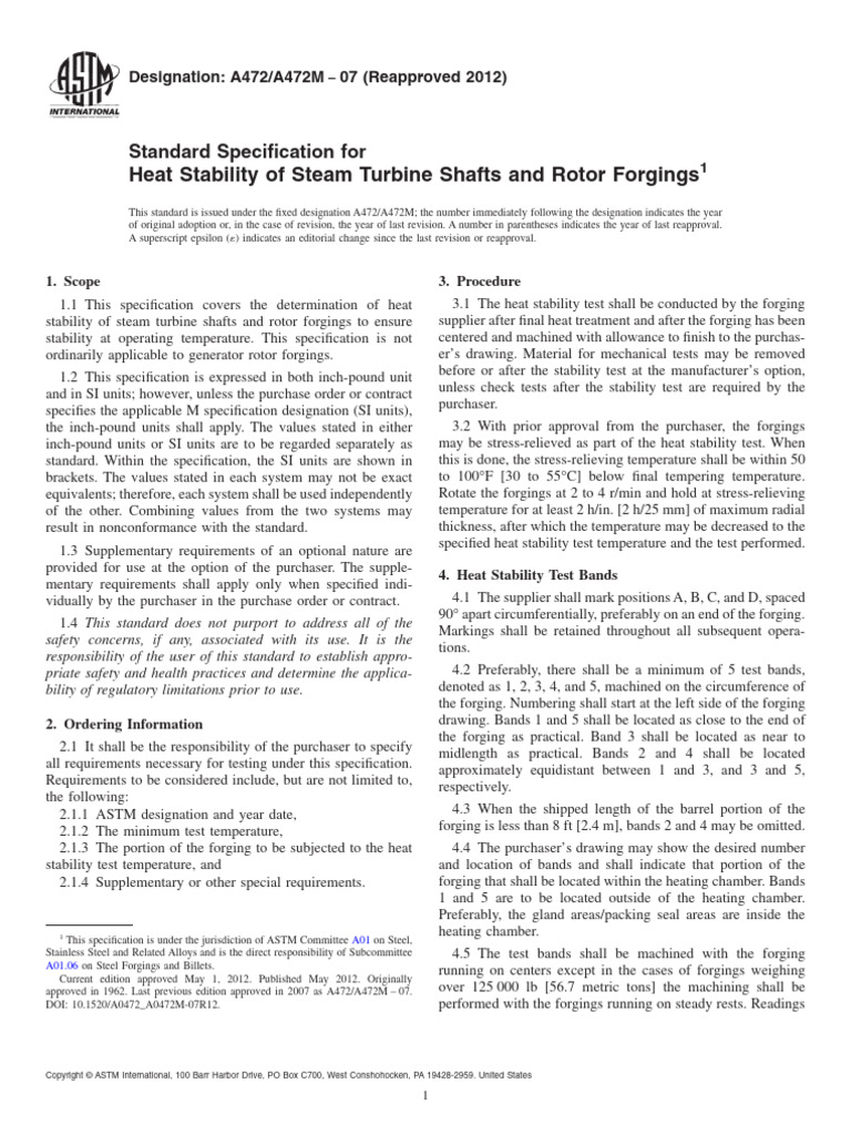 A472A472M-07 (2012) Standard Specification For Heat Stability of Steam Turbine Shafts and Rotor ...