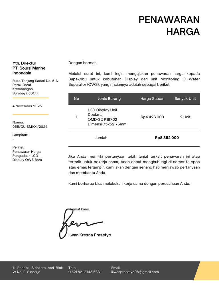 Surat Penawaran Harga Pengadaan LCD Display Monitor OWS | PDF ...