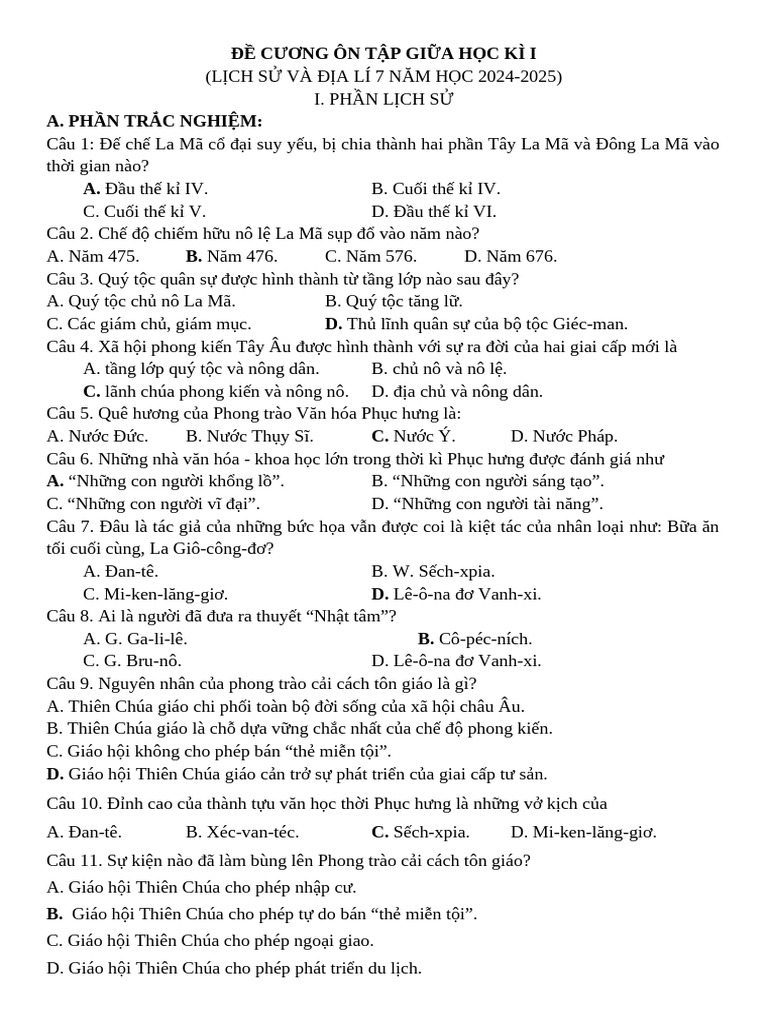 DỀ CƯƠNG ÔN TẬP GHK I (2024-2025) | PDF