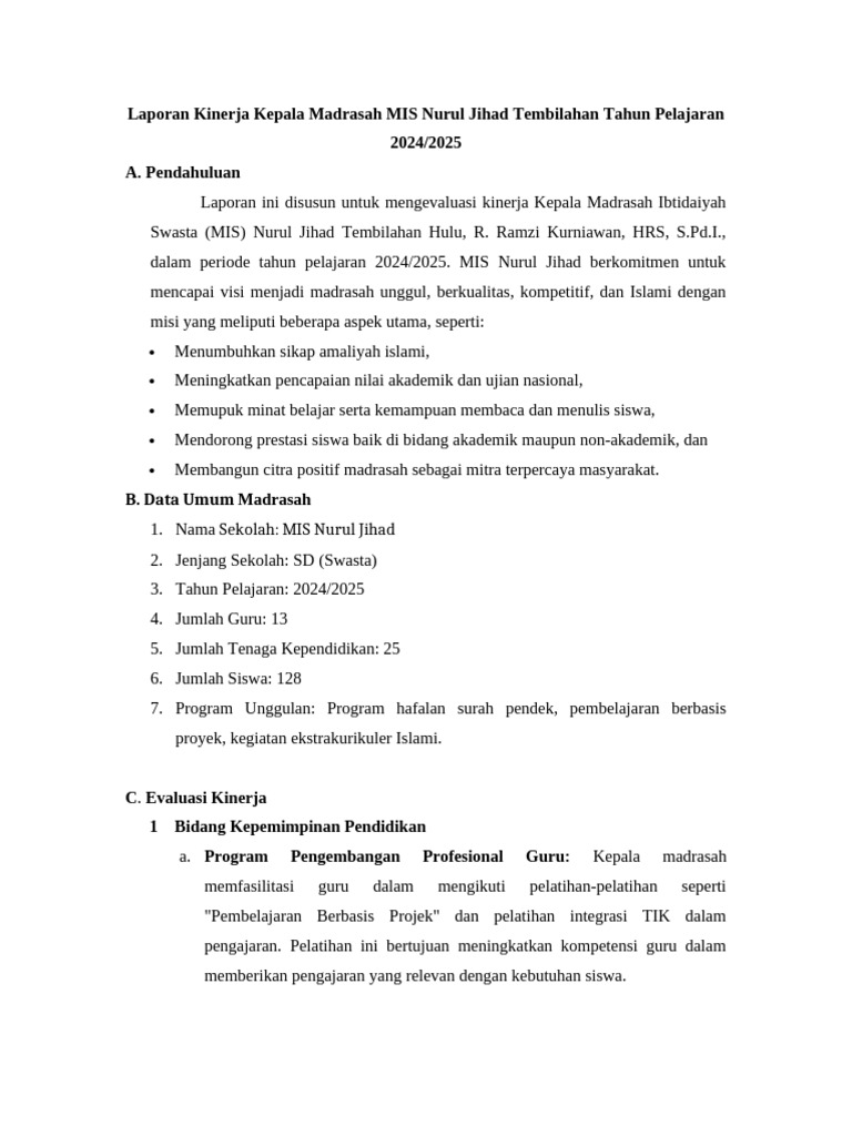 Laporan Kinerja Kepala Madrasah MIS Nurul Jihad | PDF