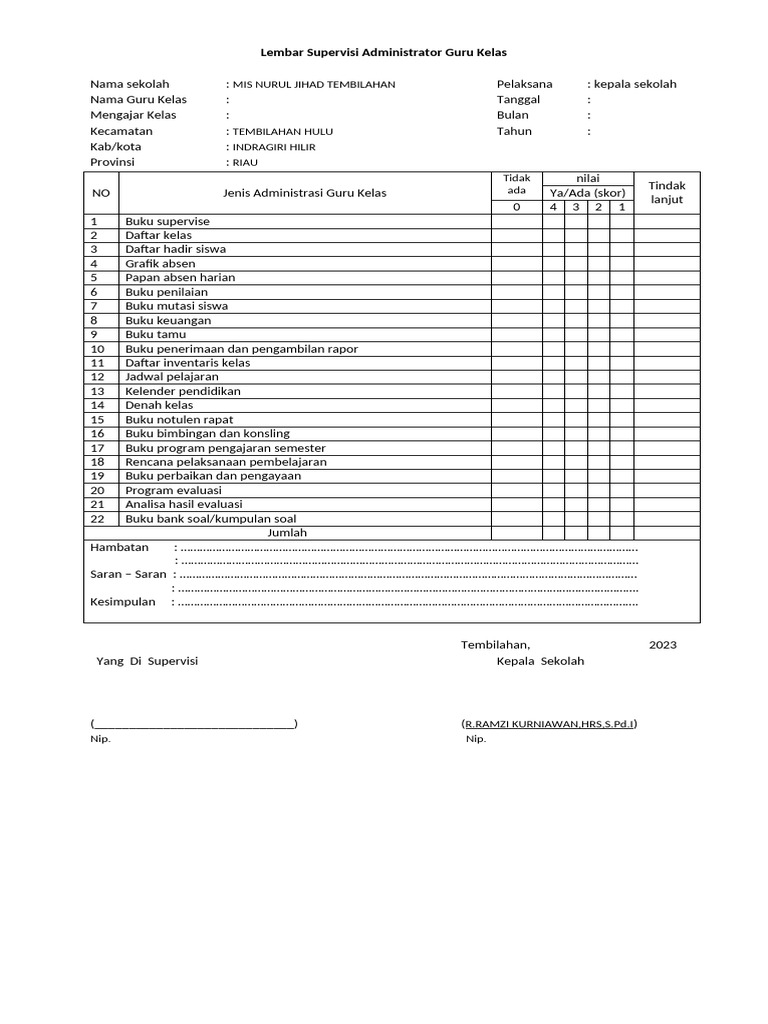 Lembar Supervisi Guru | PDF