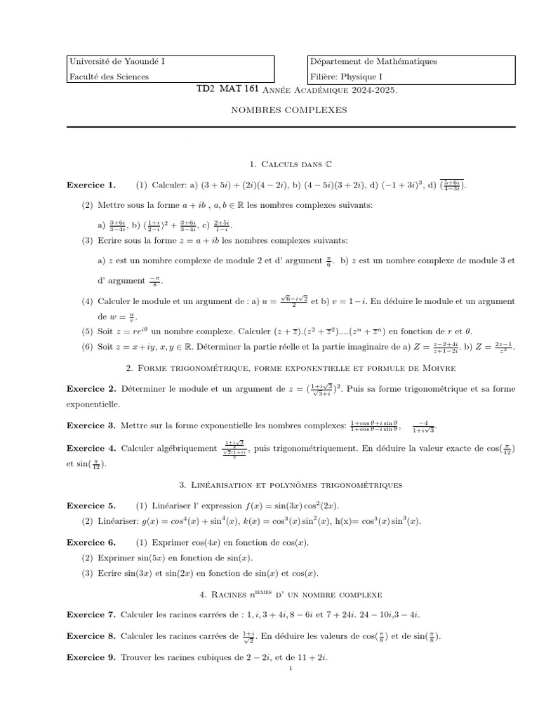 TD Nombres Complexes | PDF | Nombre complexe | Racine carrée