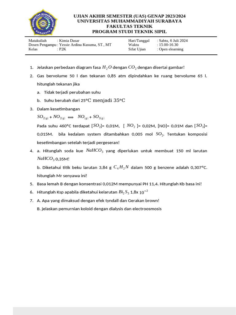 Soal Uts Kimdas p2k 2024 - Yessie Ardina Kusuma, ST.,MT | PDF