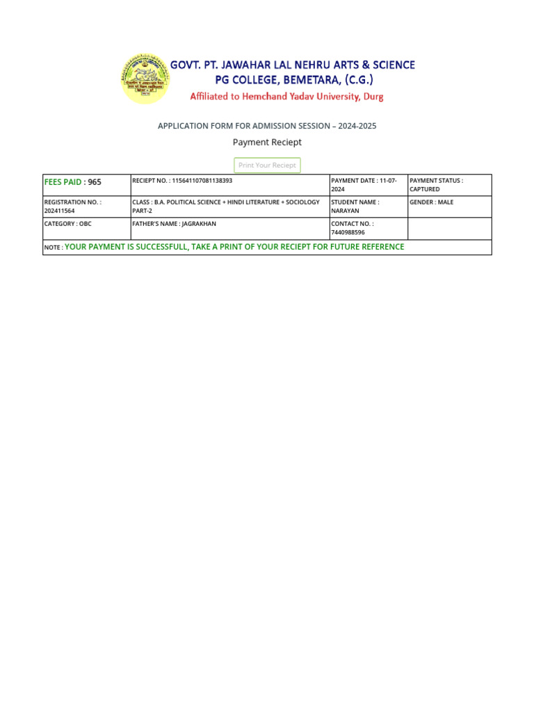 PG College Fees Receipt | PDF