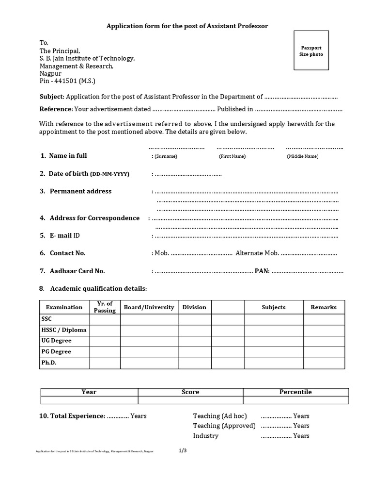 Application Form Assistant Professor | PDF | Career & Growth | Art