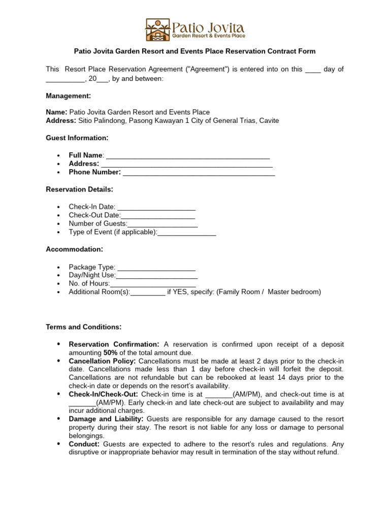 Patio Jovita Garden Resort and Events Place Reservation Contract Form ...