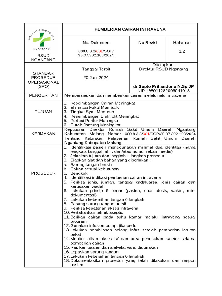 Sop Pemberian Cairan Intravena | PDF | Sains & Matematika