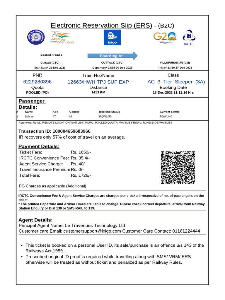 Electronic Reservation Slip (ERS) : 6229280396 12663/Hwh TPJ Suf Exp AC ...