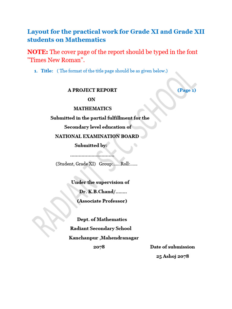 Layout For The Practical Work For Grade XI and Grade XII Students On ...