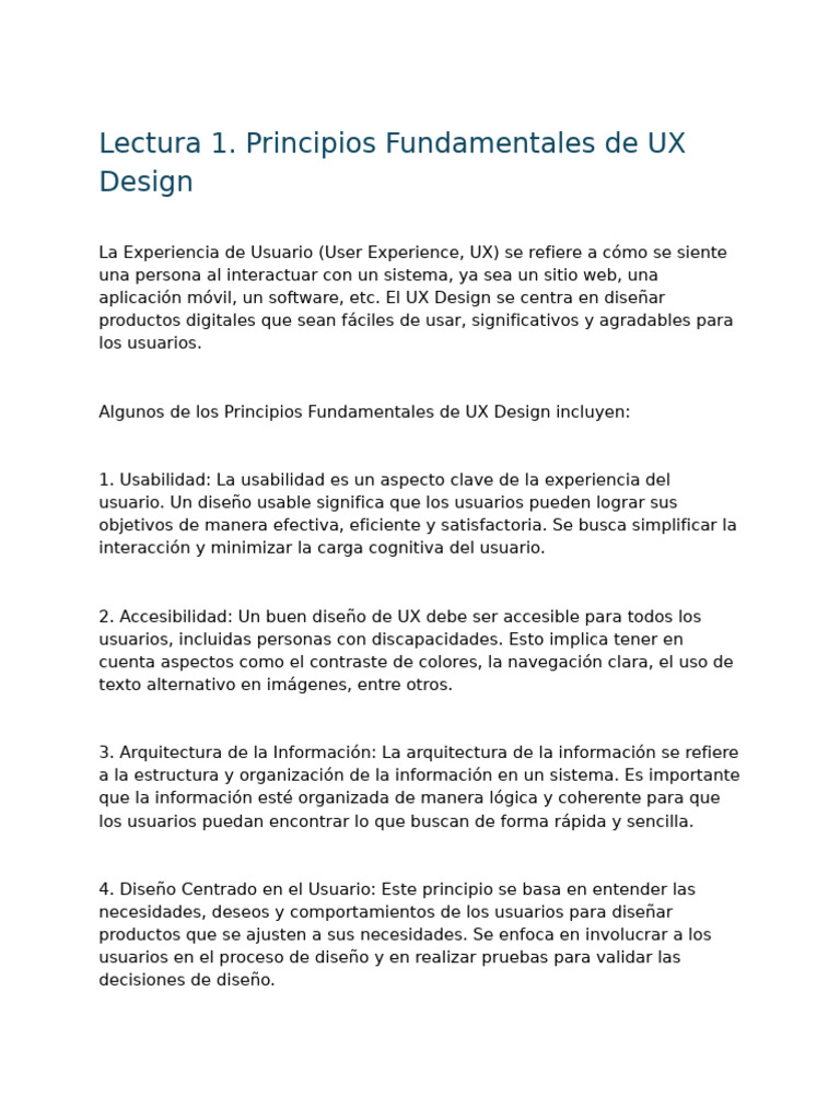 Lectura 1. Principios Fundamentales de UX Design | PDF | Usabilidad | Experiencia de usuario