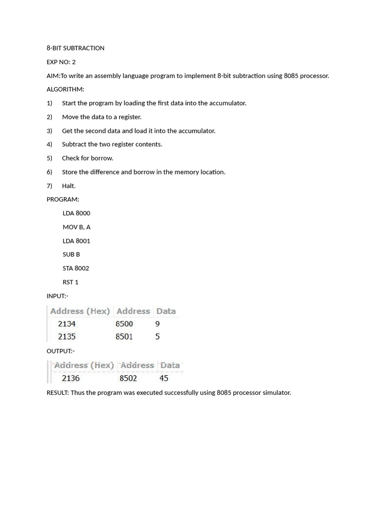 8085 8-Bit Subtraction Program | PDF | Computers