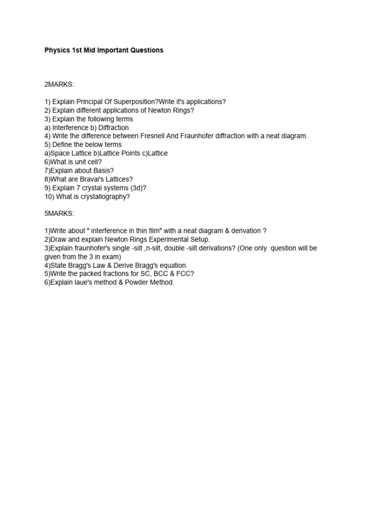 1st Sem Physics Mid Exam Questions | PDF | Teaching Methods & Materials ...