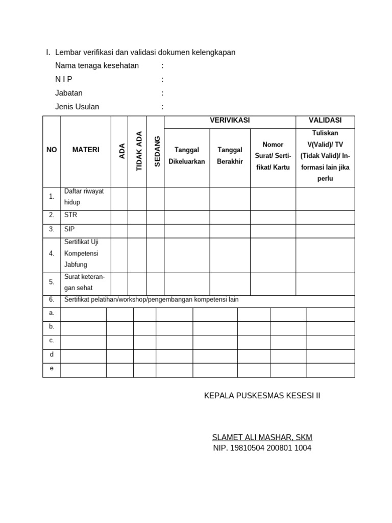 Lembar Verifikasi Dan Validasi Dokumen Kelengkapan | PDF
