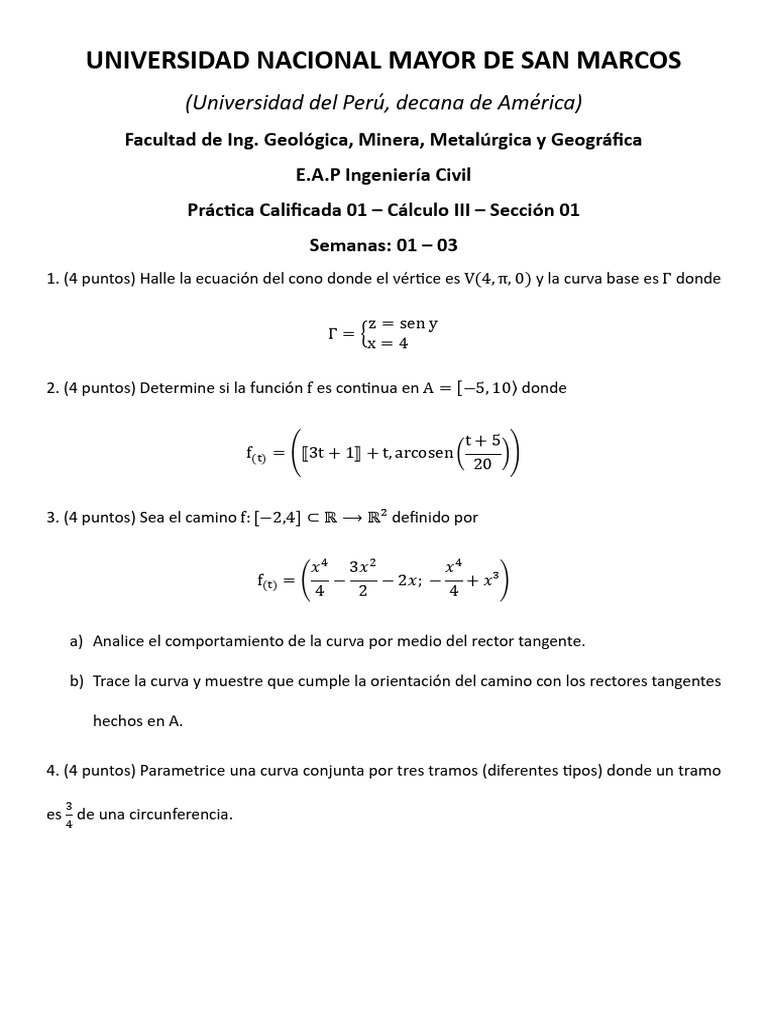 Práctica Calificada 01 - Sección 01 - Cálculo III - 2024 I | PDF