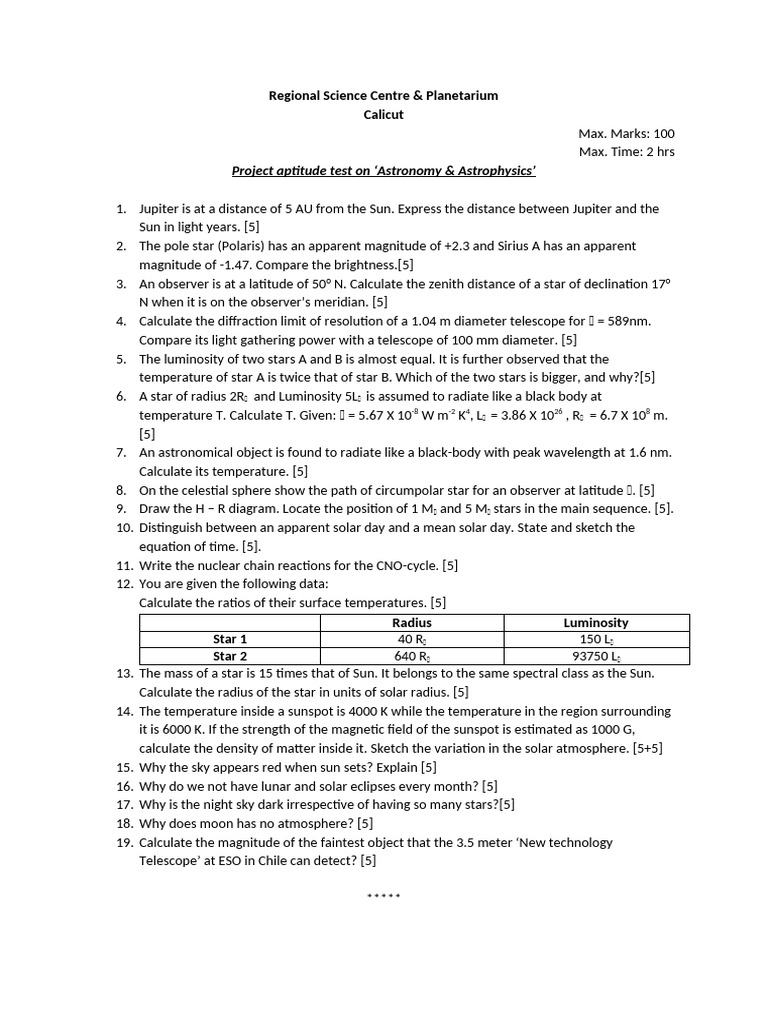 Astronomy & Astrophysics Test | PDF | Stars | Sun