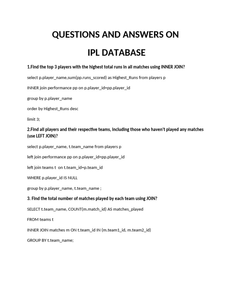 SQL Queries for IPL Analysts | PDF | Cricket | Ball And Bat Games