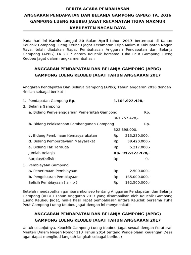 Berita Acara Rancangan APBG 2017 Dengan Tuha Peut | PDF
