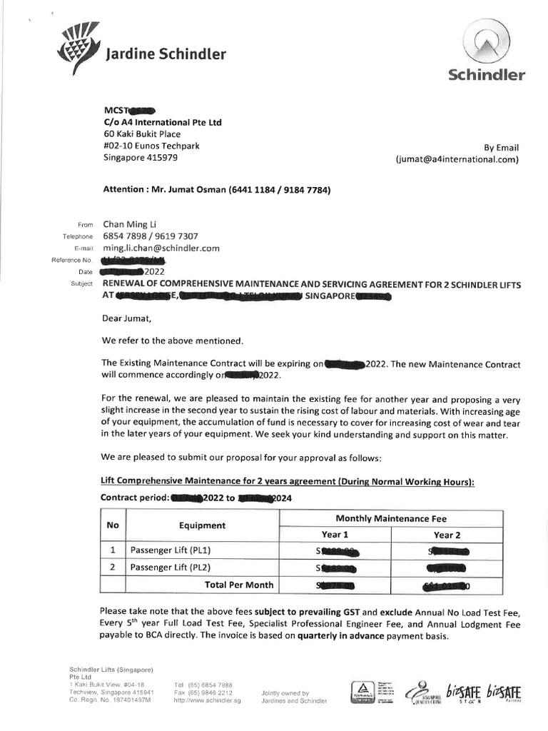 Sample - Lift - Maintenance Contract (Schindler) | PDF