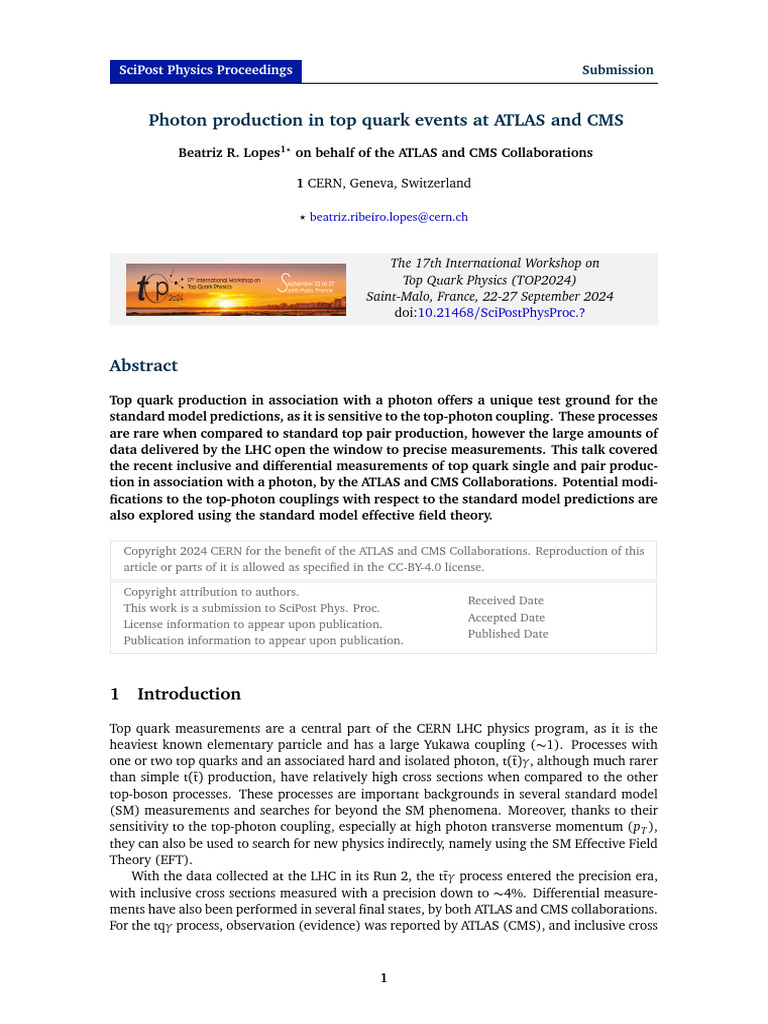 Photon Production in Top Quark Events at Atlas and CMS: Scipost Physics Proceedings | PDF ...