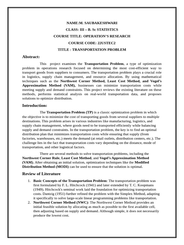Transportation Problem Optimization | PDF | Mathematical Optimization | Logistics