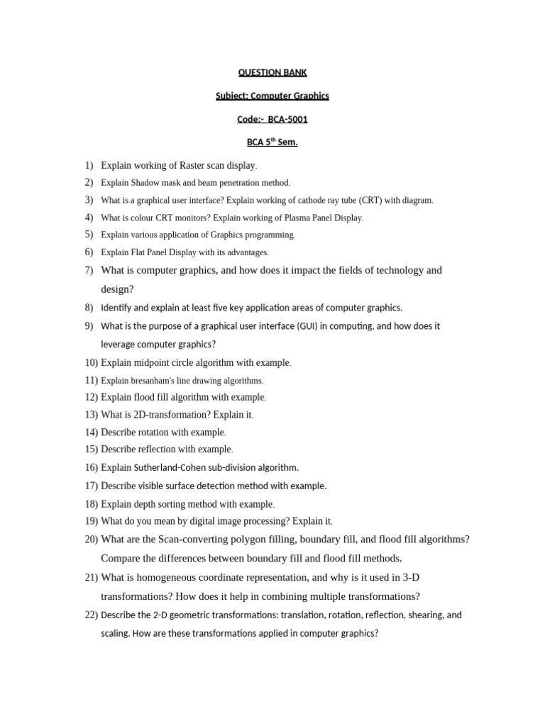 BCA 5th Sem Computer Graphics Q&A Guide | PDF | Computer Graphics ...
