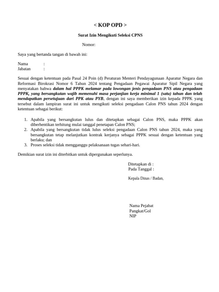 Opd - Format Surat Izin PPPK Mendaftar CPNS | PDF