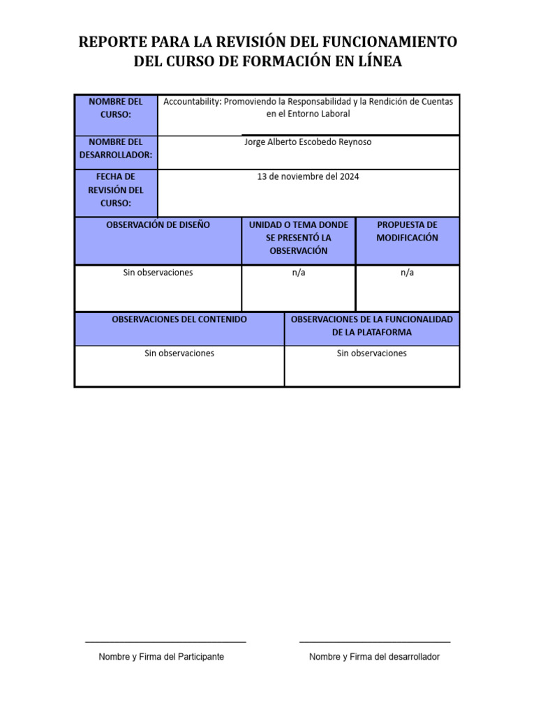 E3-Reporte para La Revisión Del Funcionamiento Del Curso de Formación en Línea Elaborado | PDF