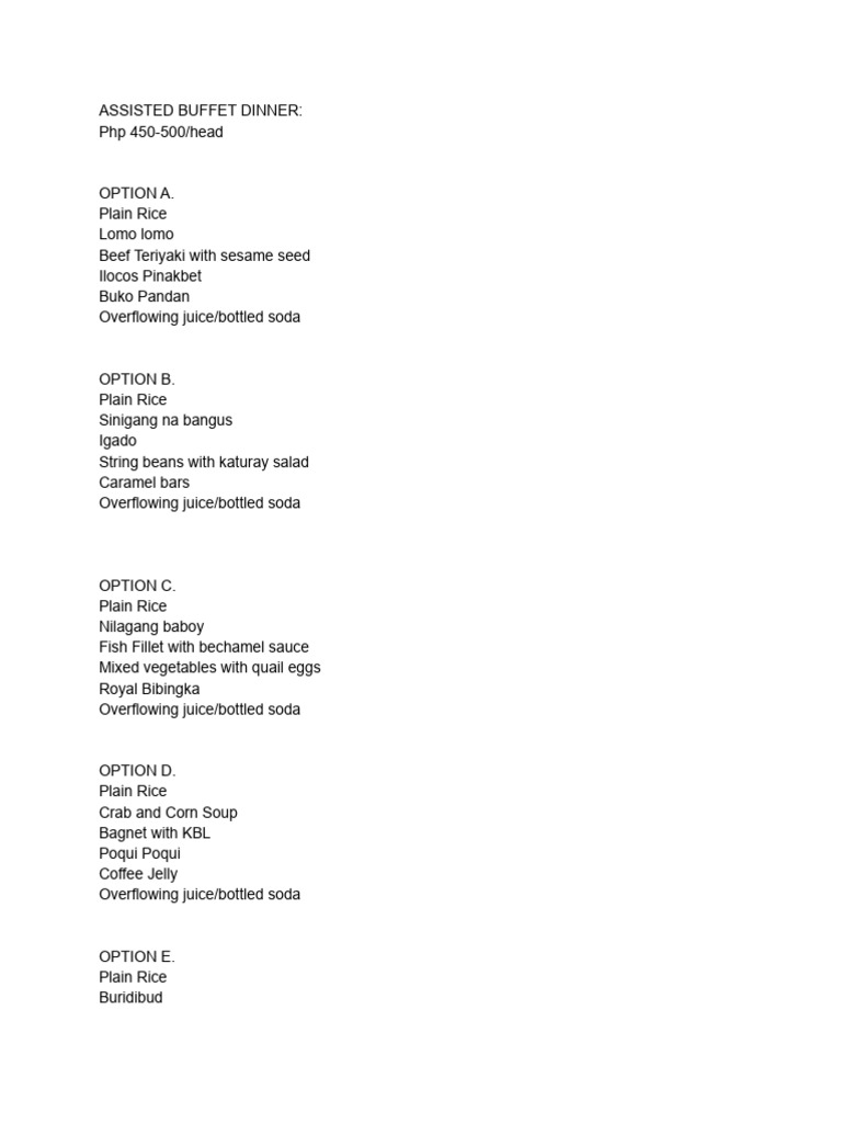 PROPOSED MENU For 1st MMJ Travel and Event Production | PDF