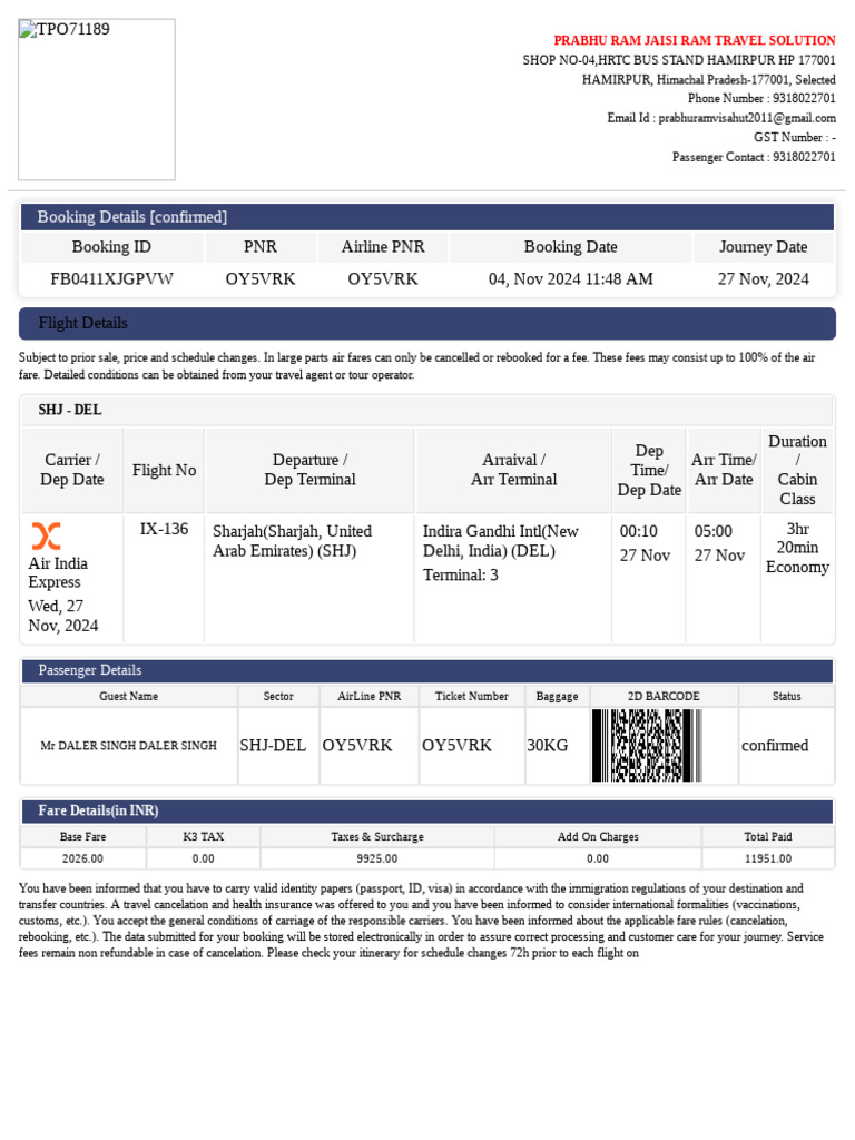 Flightticket FB0411XJGPVW | PDF | Fee | Fare