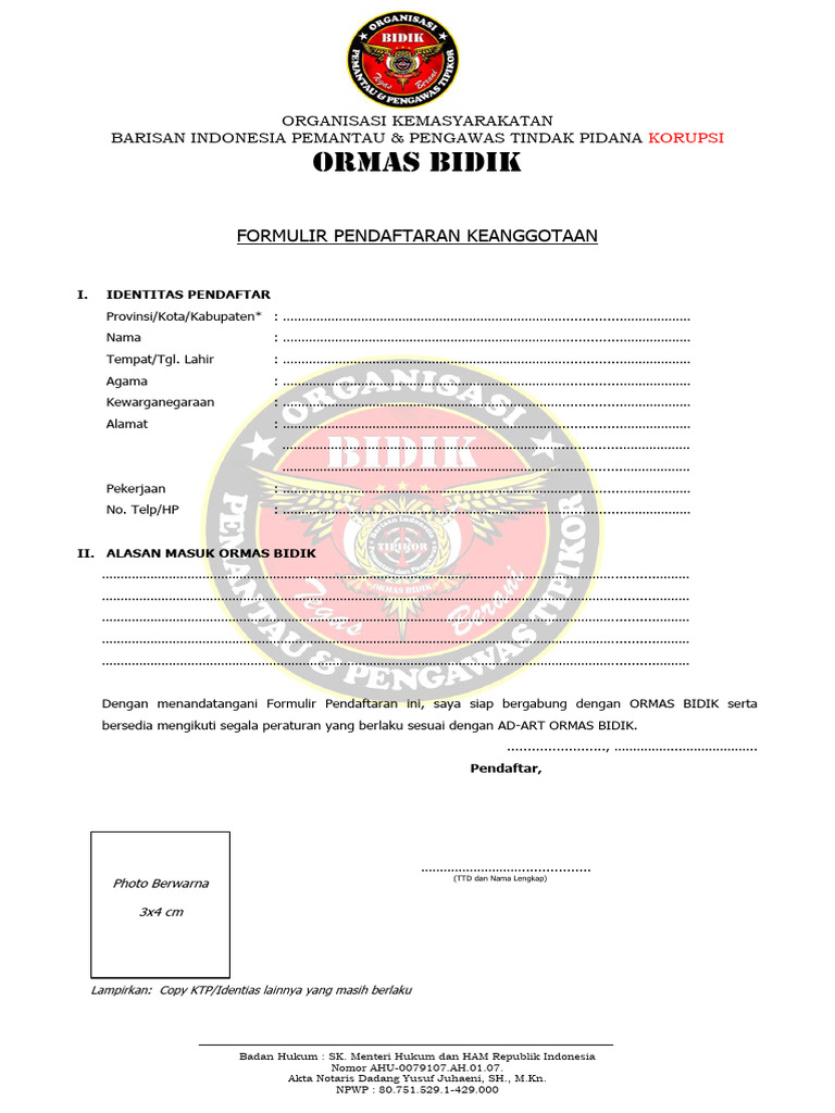 Pendaftaran Anggota ORMAS BIDIK | PDF | Hukum